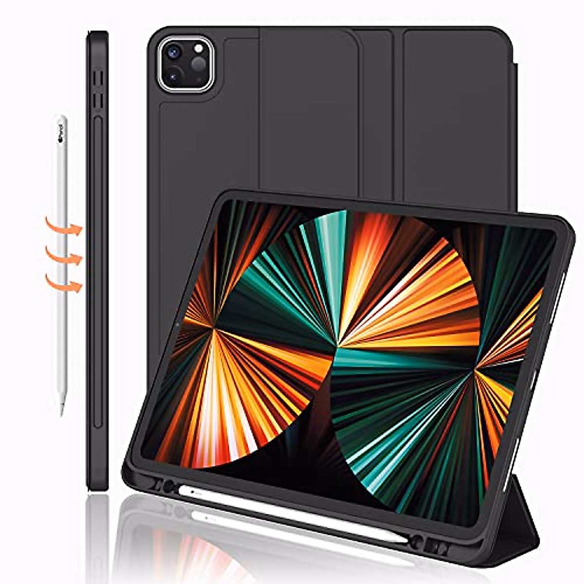 iMieet New iPad Pro 12.9 Case 2022(6th Gen)/2021(5th Gen) with Pencil Holder [Support iPad 2nd Pencil Charging/Pair],Trifold Stand Smart Case with Soft TPU Back,Auto Wake/Sleep(Black)