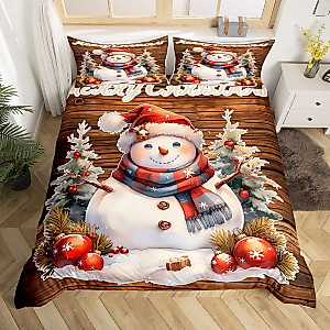 Watercolor Snowman Duvet Cover Set Cartoon Christmas Decor Green Pine Trees Bedding Sets for Kids Teens Adults Retro Stripes Rustic Farmhouse Style Quilt Cover with 1 Pillowcase(No Comforter)Twin Size