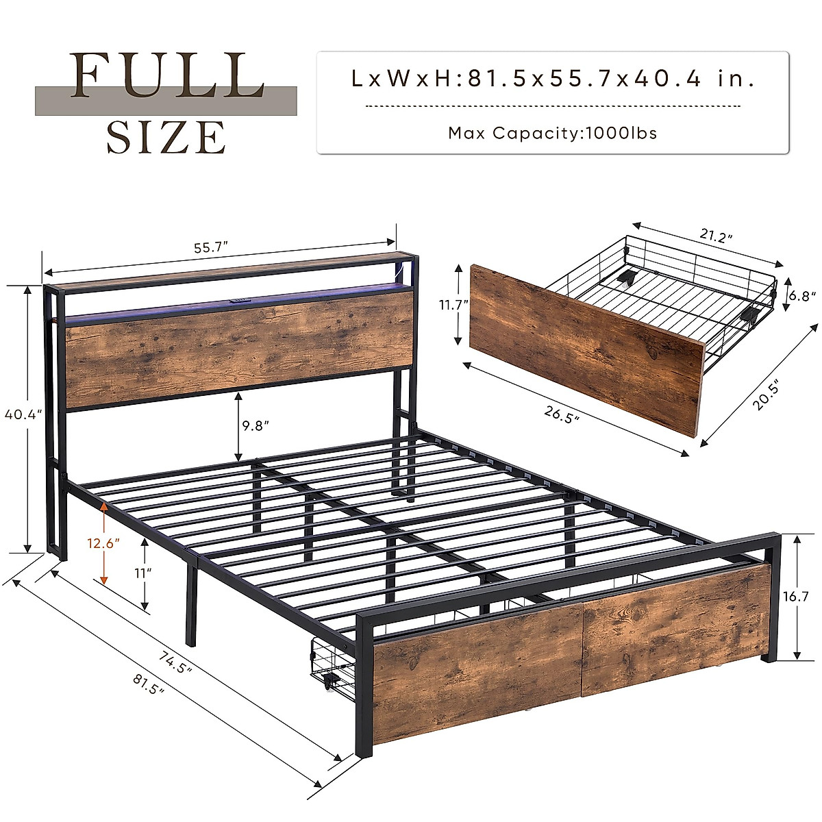 CNANXU Industrial Full Size Platform Bed Frame with LED Lights Headboard and 2 Storage Drawers, Metal Bed Frame with Charging Station, Mattress Foundation with Slats Support (Full, Drawers)