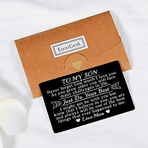 EuniGem Son Birthday Card from Mom To My Son Gifts Wallet Card from Mom, I Love You Proud of You Card Back to School College Graduation Gifts for Son, Homecoming Week Gift for Son Christmas