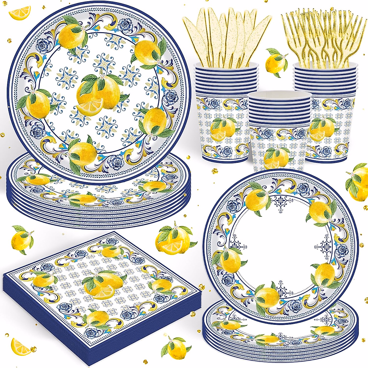 120PCS Capri Lemon Party Supplies for Baby Showe Bridal Shower Wedding Summer Citrus Fruit Themed Birthday Party Decor Italy Yellow Lemon Tableware Disposable Paper Plates Napkins Forks for 20 Guests