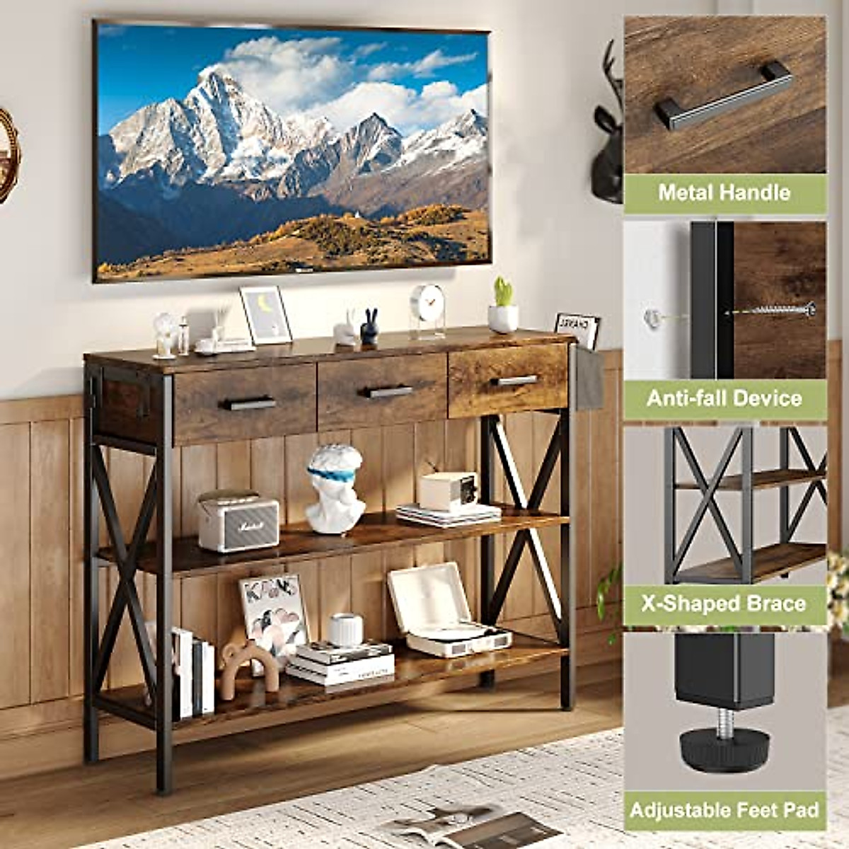 Gizoon 47" Console Table with 3 drawers, Industrial Entryway Table with 3 Tier Storage Shelves, Narrow Long Sofa Table for Entry Way, Hallway, Couch, Living Room, Kitchen, Rustic Brown