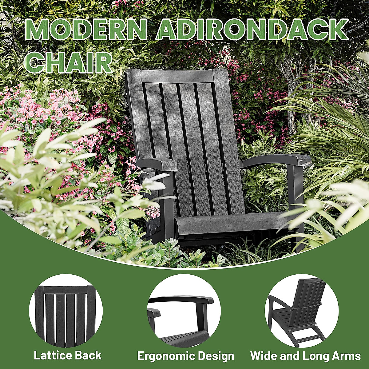LHBGO Outdoor 4 Set of Modern Adirondack Chair, Wood Grain Texture, Patio Chair,Weather-Resistant Outdoor Chair for Poolside, Patio, Backyard, Garden, Fire Pit Seating, Black