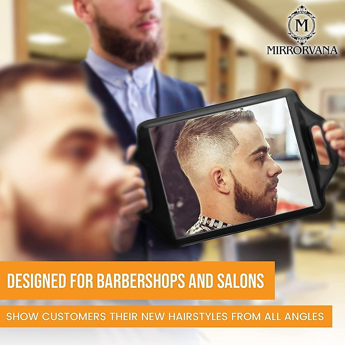 MIRRORVANA X-Large Barber Hand Held Mirror with Double Comfy Handles - Big & Long Back of Head Mirror for Men's Haircut, Barbershop, Salon and Professional Hair Stylists - 14" x 8.5" (Black)