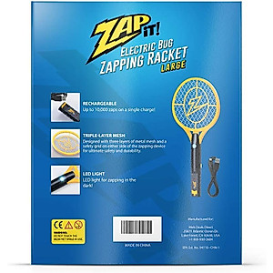 ZAP IT! Bug Zapper - Rechargeable Mosquito, Fly Killer and Bug Zapper Racket - 4,000 Volt - USB Charging, Super-Bright LED Light to Zap in the Dark - Unique 3-Layer Safety Mesh That's Safe to Touch