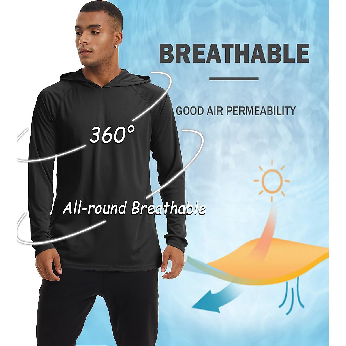 Quick Dry Shirt Men UV Protection Performance Shirts Fishing T-Shirts Lightweight Hiking Shirts Outdoor Sun Protection Shirt Men Swim Black