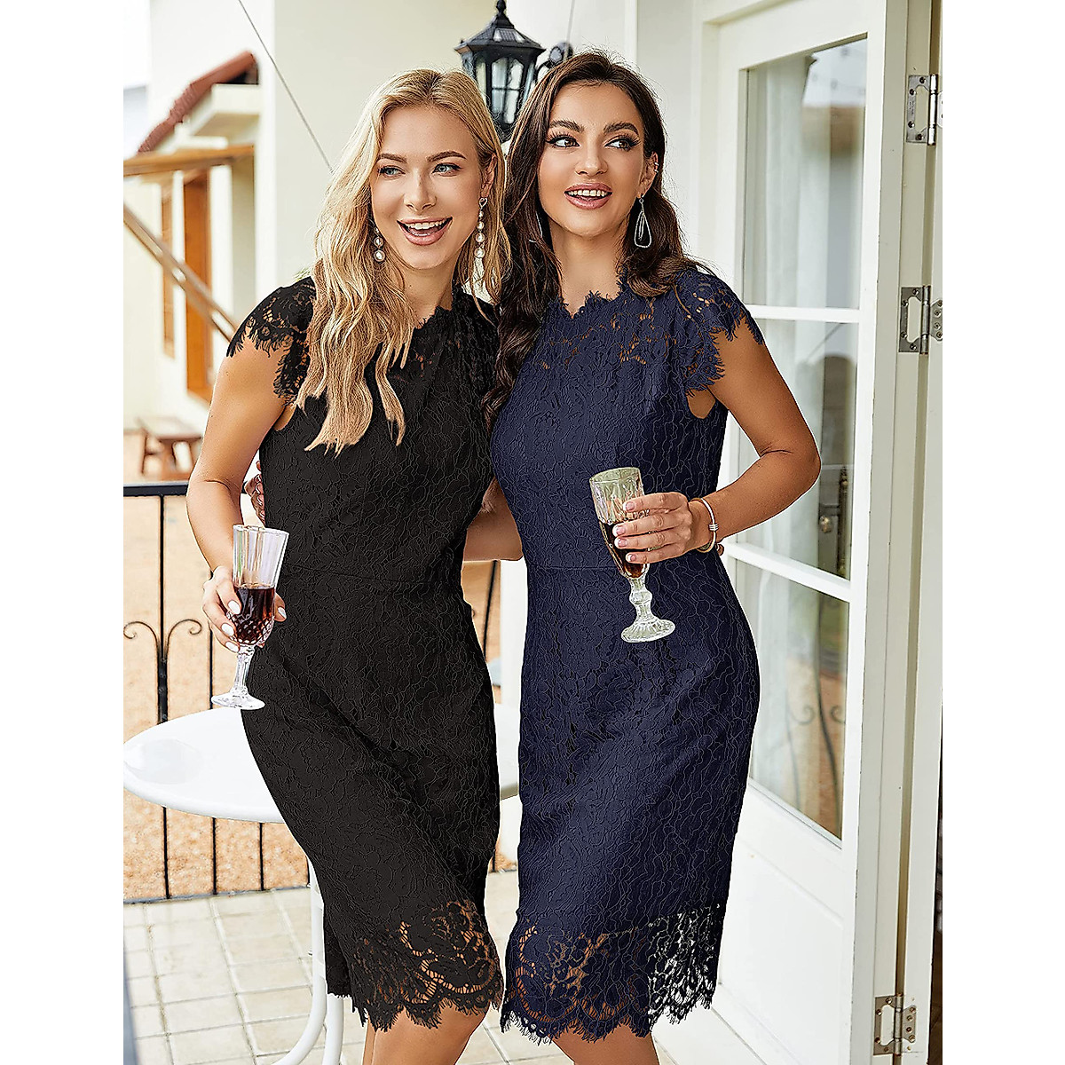 MEROKEETY Women's 2025 Lace Floral Midi Dresses Classic Elegant Party Dinner Photoshoot Dress, Navy, Large