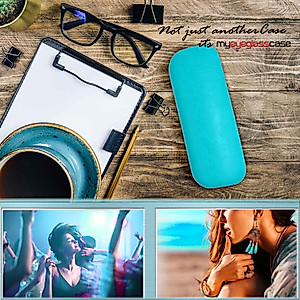 MyEyeglassCase Hard eyeglass case | Medium Clam shell Glasses Case with Microfiber Drawstring Pouch and Cleaning Cloth | Protective Small sunglasses case for women (AS126 Turquoise)