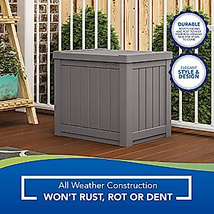 Suncast 22-Gallon Small Deck Box - Lightweight Resin Indoor/Outdoor Storage Container and Seat for Patio Cushions and Gardening Tools - Store Items on Patio, Garage, Yard - Stone Gray