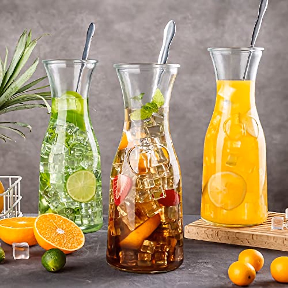 Glass Carafe 4 Pack, Goldarea 35 Oz Water Carafe with 6 Lids, 1 Liter Glass Pitcher, Beverage Jugs, Carafe Set for Mimosa Bar Supplies, 4 Long-Handled Mixing Spoons and Chalkboard Label