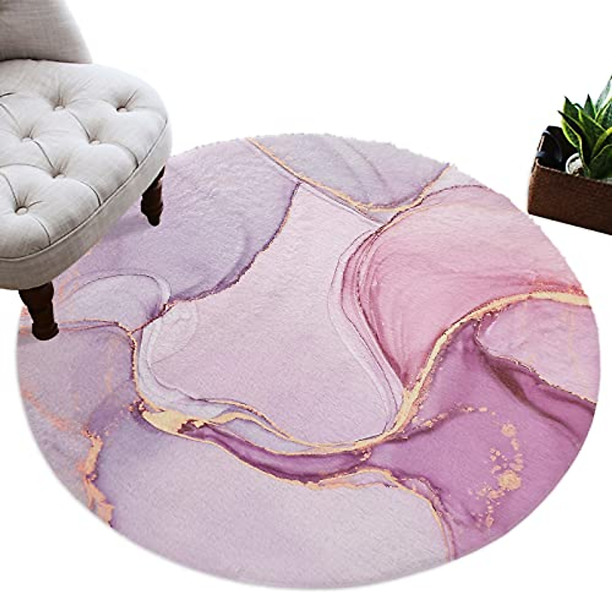 Round Area Rug Soft Fluffy Rugs Pink Marble Gradient Golden Texture,Non Slip Floor Mat Furry Carpet for Bedroom,Ocean Abstract Art Shaggy Circular Rugs for Living Room Nursery 48in
