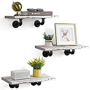 BTY Floating Shelves with Industrial Pipe Brackets Rustic Wall Mounted Wood Pipe Shelf Set of 3 Shelving Storage Home Decor for Bathroom Living Room Bedroom Kitchen Office, Rustic White