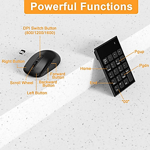 Wireless Number Pad and Mouse, Ultra Slim 2.4 GHz 19 Keys Numeric Keypad with 3 Adjustable DPI, Portable Silent Financial Accounting Number Keyboard Extensions for Laptop, PC, Desktop, Notebook