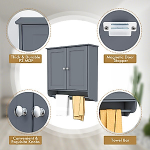 Tangkula Bathroom Cabinet Wall Mounted, Bathroom Medicine Cabinet with Bar&Double Door&Adjustable Shelf, Over The Toilet Storage Cabinet, Hanging Cabinet for Bathroom Laundry Kitchen (Gray)