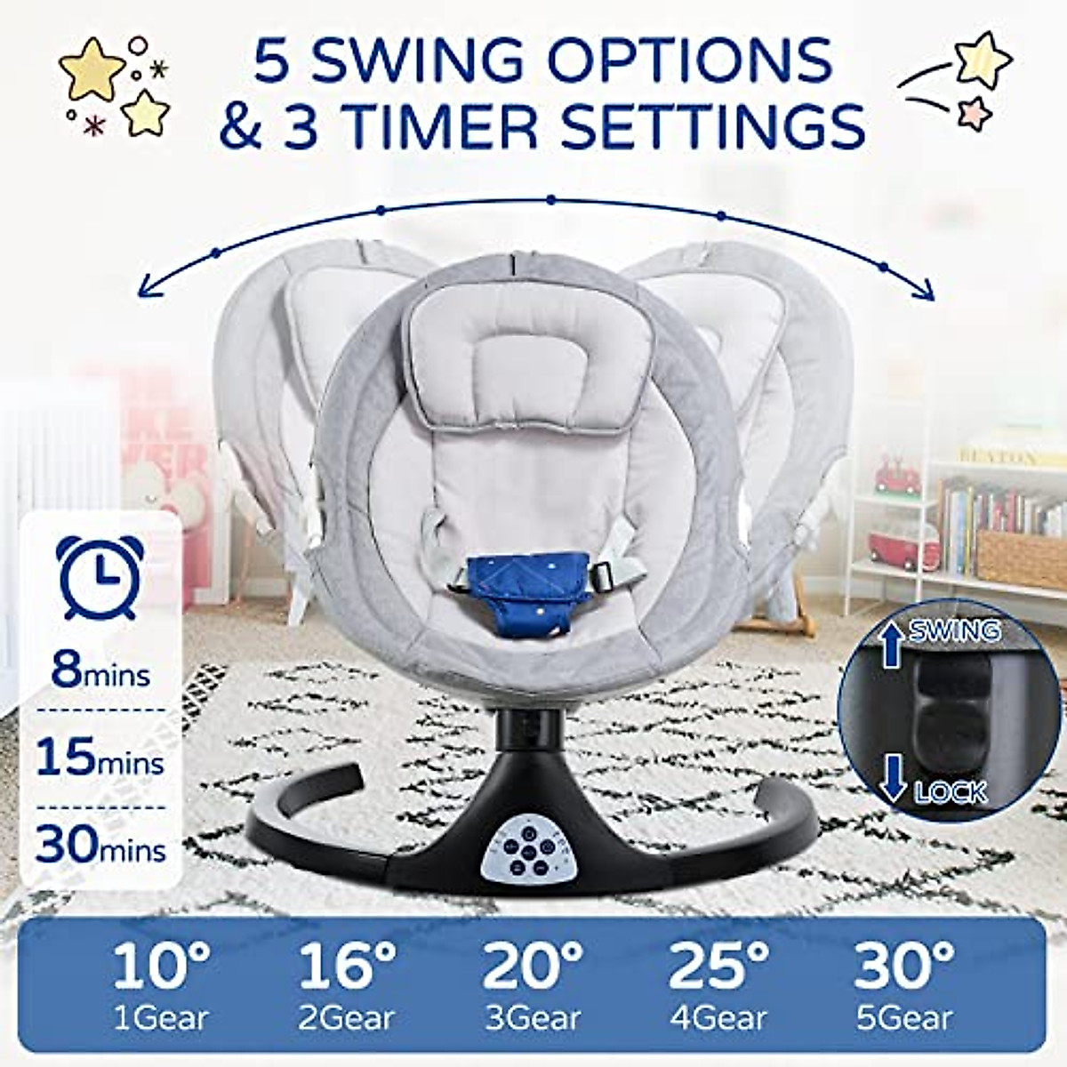Baby Swing for Infants, Baby Rocker with 5 Natural Sway Speeds, 5 Point Harness Baby Bouncer for 5-20 Lb, 3-36 Months（Black）