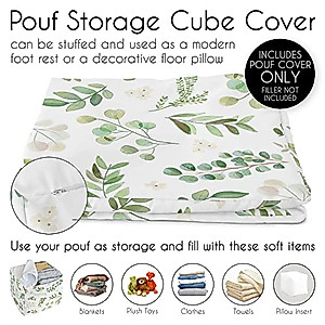 Sweet Jojo Designs Green Boho Floral Leaf Boy Girl Ottoman Pouf Cover Unstuffed Poof Floor Footstool Square Cube Pouffe Storage Baby Nursery Kids Room Sage White Bohemian Gender Neutral Watercolor
