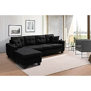 BIADNBZ Modern Sectional Sofa with Reversible Chaise Lounge and Two Cupholders, L-Shaped Couch with 2 Pillows for Living Room Apartment, Black