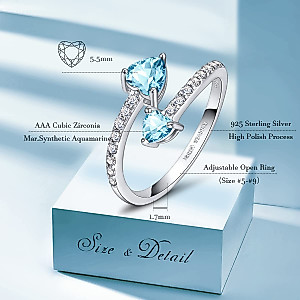 FOREVER QUEEN March Birthstone Rings 925 Sterling Silver Rings Adjustable Open Double Love Heart Stones Rings for Women Birthday Gift