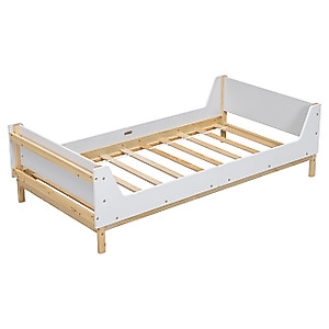 Kids Twin Size Bed Frame with Storage Bookcase, Wood Twin Bed Frames for Kids, Twin Bed Frame with Headboard and Footboard for Boys Girls, No Box Spring Needed,White