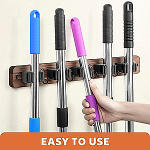 IMILLET Broom Holder Wall Mount, Wood Broom Holder with 5 Racks and 4 Hooks Broom Organizer, Laundry Room Organization and Storage, Mop Holder for Home Organization, Garden, Garage（2 Pack）