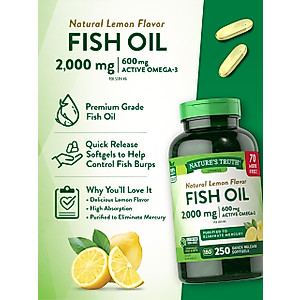 Nature's Truth Burpless Fish Oil Pills 2000 mg | 600 mg Omega 3 | 250 Softgels | Natural Lemon Flavor | Non-GMO, Gluten Free Supplement