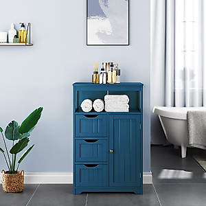 Topeakmart Wood Bathroom Floor Cabinet, Free Standing Storage Cabinet with 3 Drawers and Cupboard, Hallway/Entryway Cabinet, Living Room Accent Furniture, Navy Blue