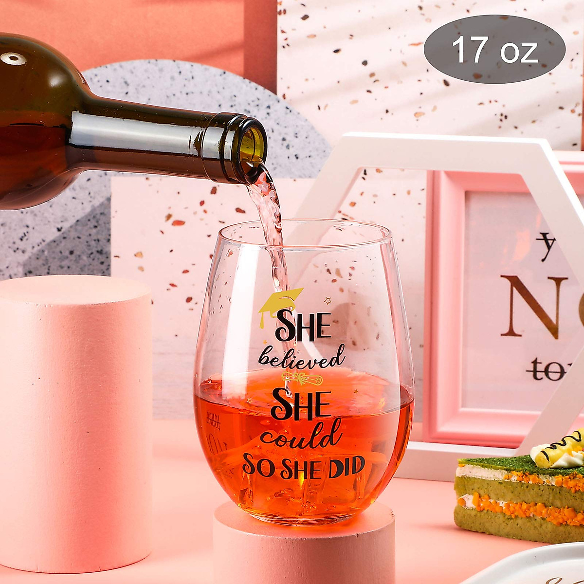She Believed She Could So She Did Stemless Wine Glass, Congratulation Wine Glass for Girl Women Friend Sister for Graduation University Nursing Grad Celebration High School College Party Decor, 17 oz