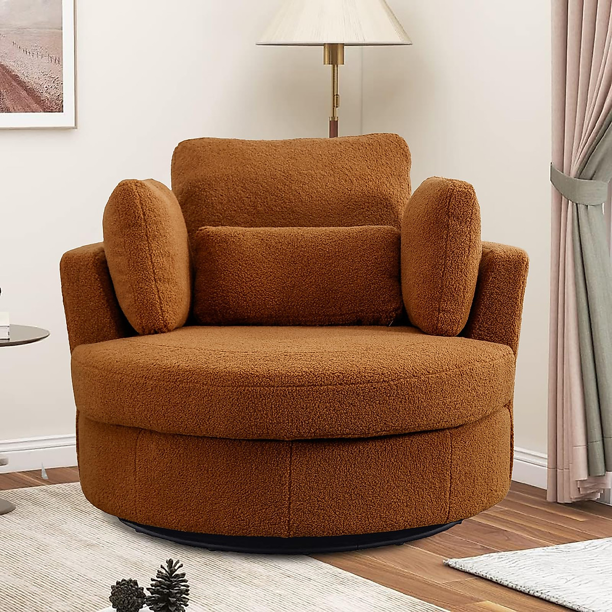 Oversized Accent Swivel Barrel Chair, Modern Upholstered Cuddle Sofa Chair with 3 Pillow 360 Swivel Lounge Chair Leisure Cozy Club Chair for Living Room Bedroom Office (Sherpa Caramel)
