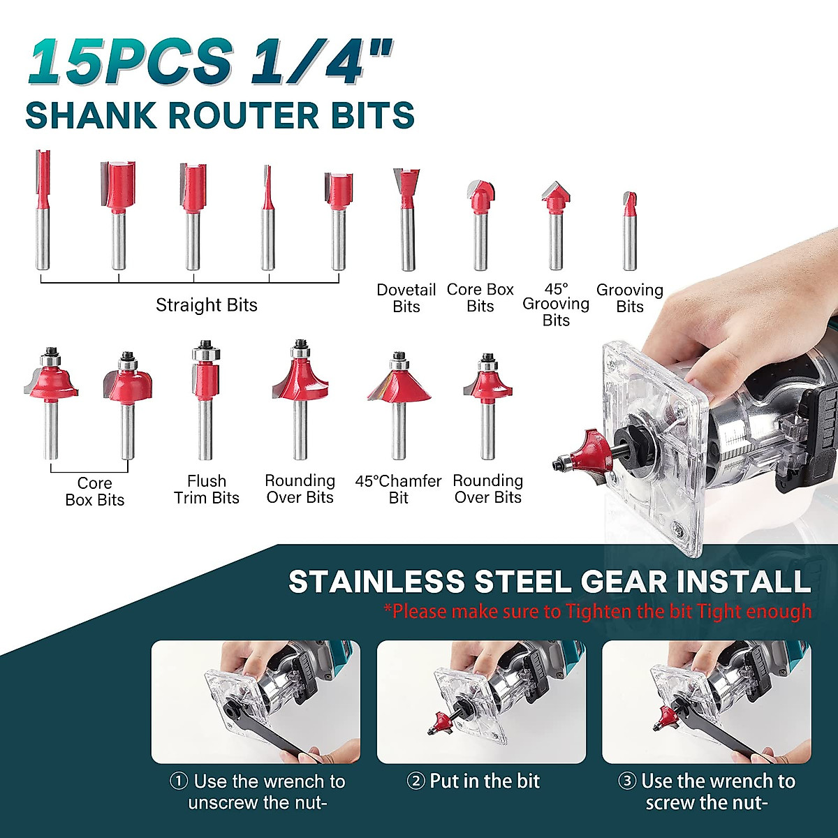 Avhrit Cordless Compact Router, Wood Router Tool With 2PCS 4.0Ah Batteries, 21V Brushless Portable Handheld Palm Routers for Woodworking, Wood Trimmer Cutting with 15 pieces 1/4" Router Bits Set