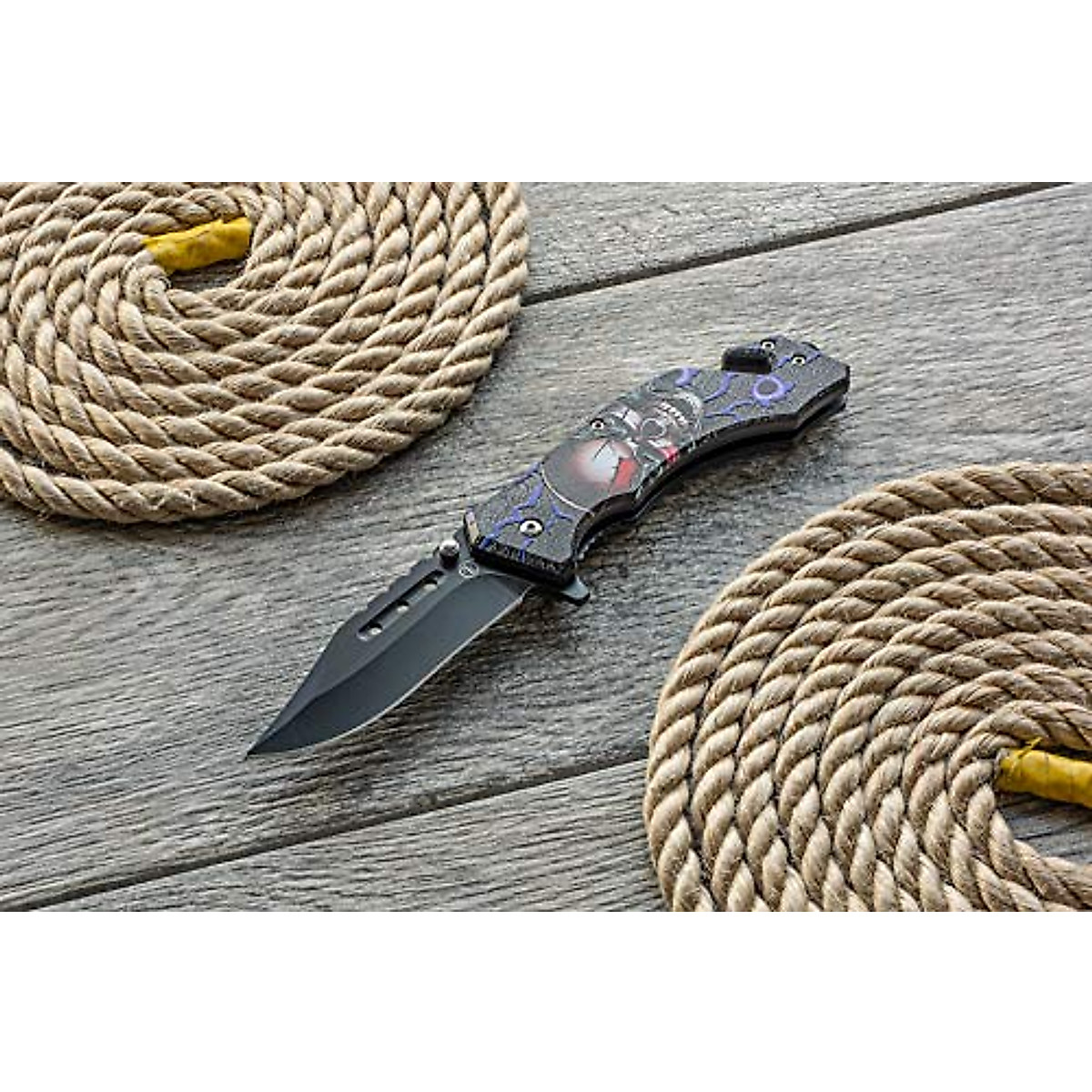 SE Spring Assisted Clip Point Folding Knife with Howling Wolf Design - KFD20023-8