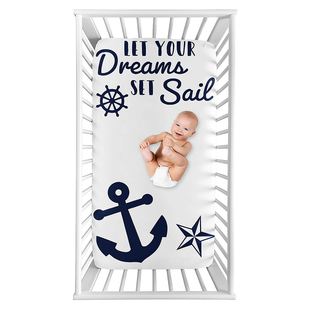 Sweet Jojo Designs Navy Blue White Anchors Boy Girl Fitted Crib Sheet Baby Toddler Bed Nursery Photo Op - Nautical Theme Ocean Sailboat Sea Marine Sailor Anchor Dreams Set Sail Unisex Gender Neutral