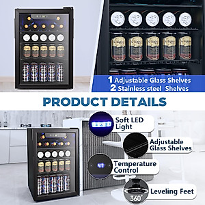 Joy Pebble Beverage Refrigerator Cooler,95 Can Mini Fridge with Glass Door for Beer Soda Wine, Small Drink Fridge with Adjustable Thermostat, Beverage Fridge for Bar Home Office,2.6Cu.Ft