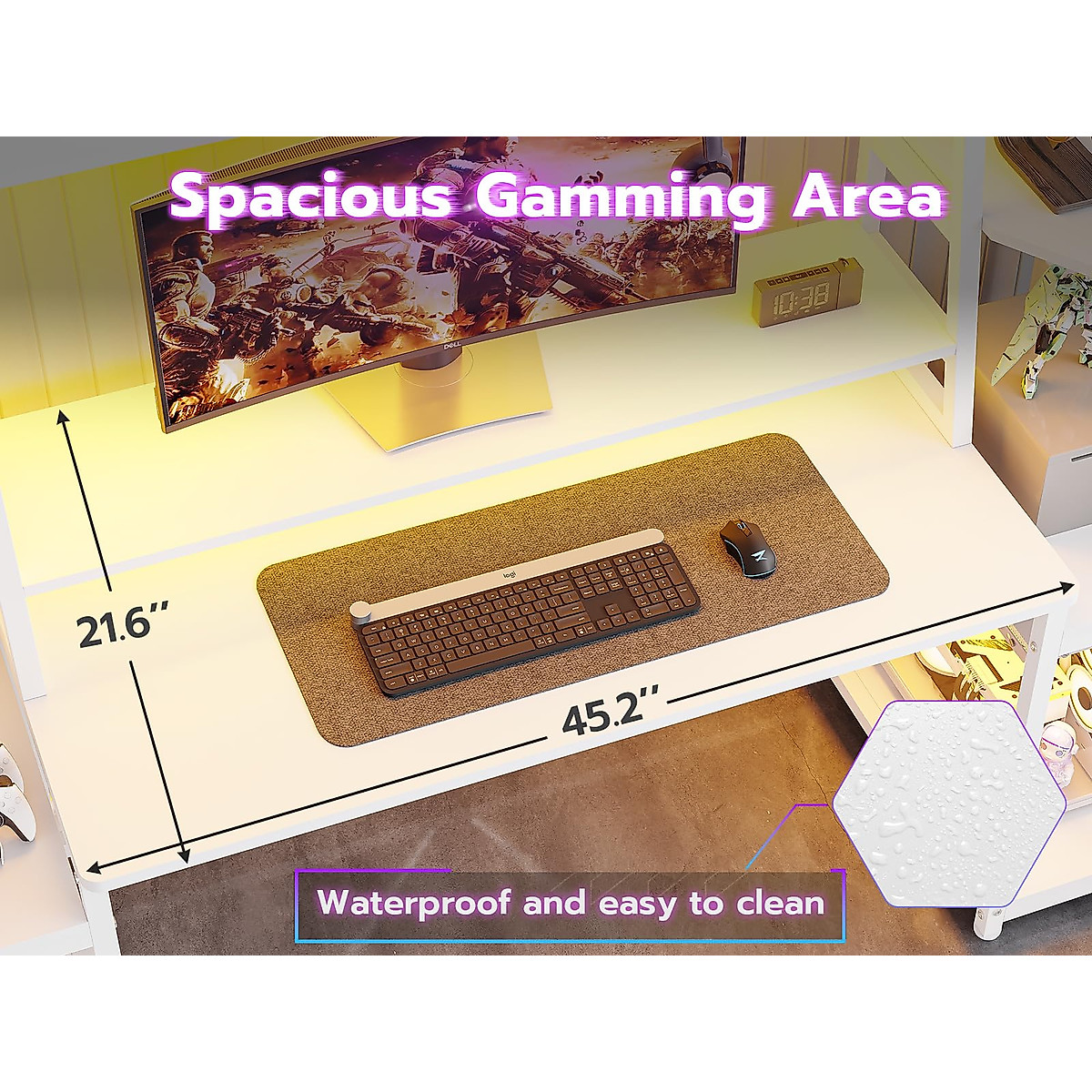 SEDETA White Gaming Desk 65.7'' with LED Lights, Hutch and Storage Shelves, Computer Desk with Monitor Stand, Large PC Gamer Desk Workstation, Ergonomic Gaming Table for Bedroom, Living Room