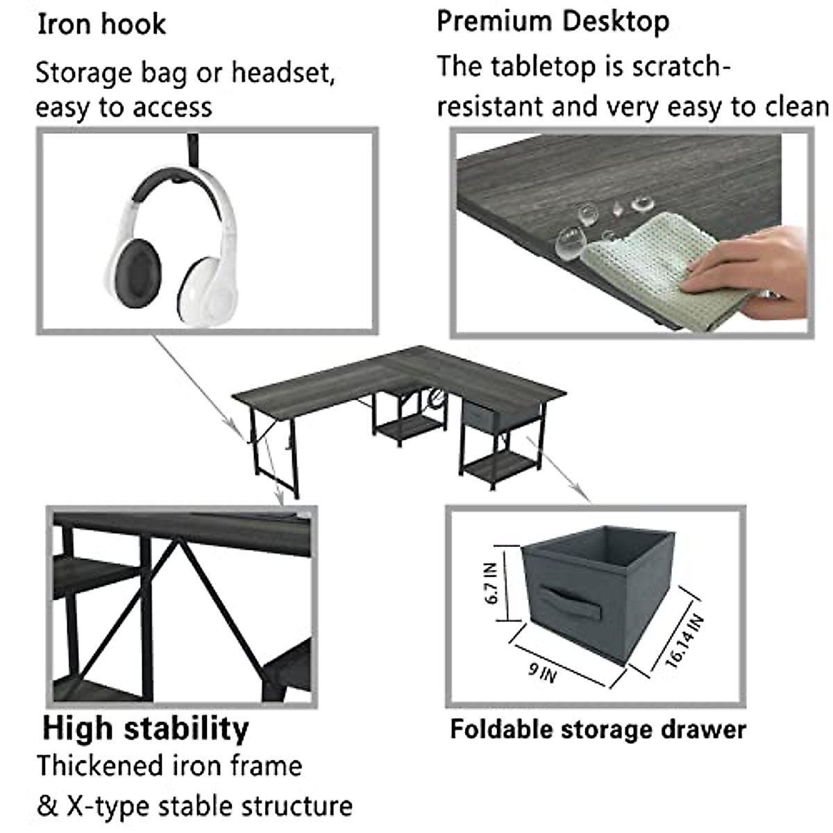 DLIUZ L Shaped Desk with Drawers，Computer Desk is Reversible Corner Large Gaming pc Table with USB Charging Port and Power Outlet,Long Writing Study Table with Shelve
