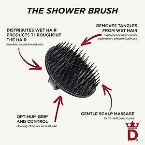 Jack Dean by Denman (Black) Scalp Massager and Detangling Hair Brush for Thick or Thin Hair, Curly or Straight Hair - use in the Shower or Bath - Head and Beard Scrubber - For Women and Men, D6
