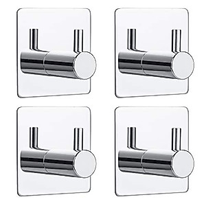 Bylion 4 Pack Silver Adhesive Wall Hooks, Adhesive Chrome Hooks Bathroom Towel Hooks Chrome SUS 304 Stainless Steel Wall Hooks, Heavy Duty Waterproof Hooks, Robe Hooks for Bathroom Kitchen Bedroom