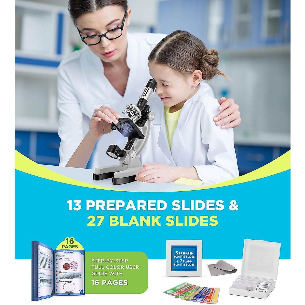 KIDSROOM 62-pcs Microscope for Kids 5-7 8-12, Kids Microscope Kit with 13 Prepared & 27 Blank Slides, Science Experiments Kits STEM Toys for Kids 3 4-6 7 8 9 10 11 12 Birthday Gifts 2024