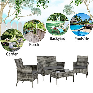 Furnivilla 4 Pieces Patio Furniture Sets Outdoor Furniture PE Wicker Patio Set Patio Conversation Set Balcony Furniture with Cushions and Table for Yard,Pool or Backyard(Grey-Grey)