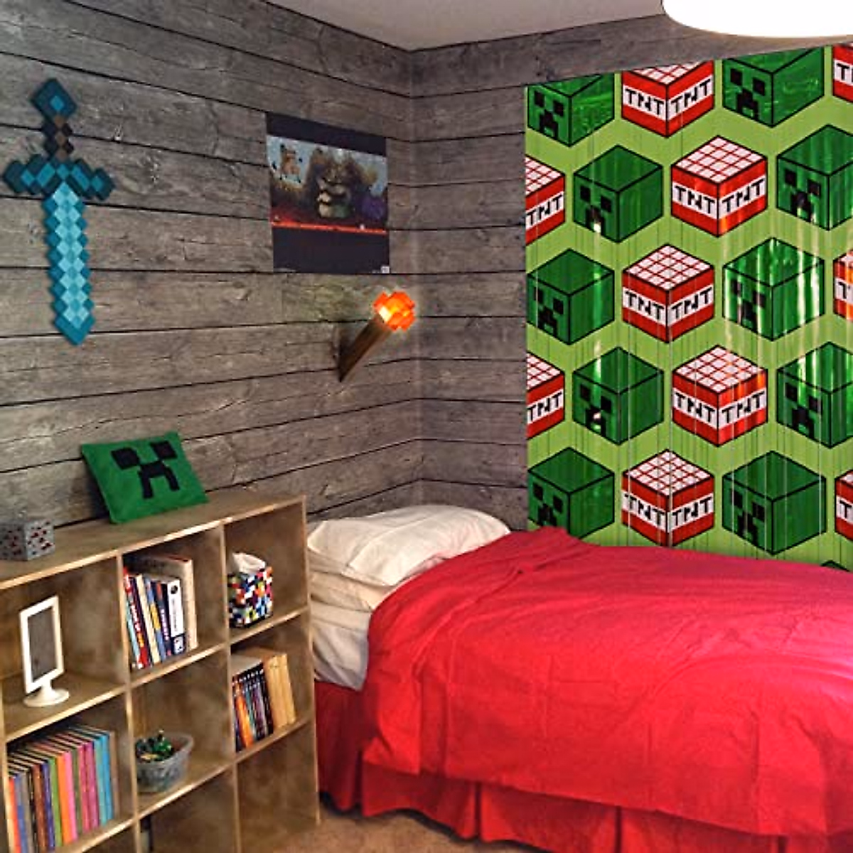 Bupelo Pixel Game Themed Party Supplies,4 Pack Creeper & TNT Tinsel Foil Fringe Curtains,Miner Themed Photo Booth Prop Backdrop Streamer,Miner Crafting Birthday Party Decorations,Room Decor for Kids