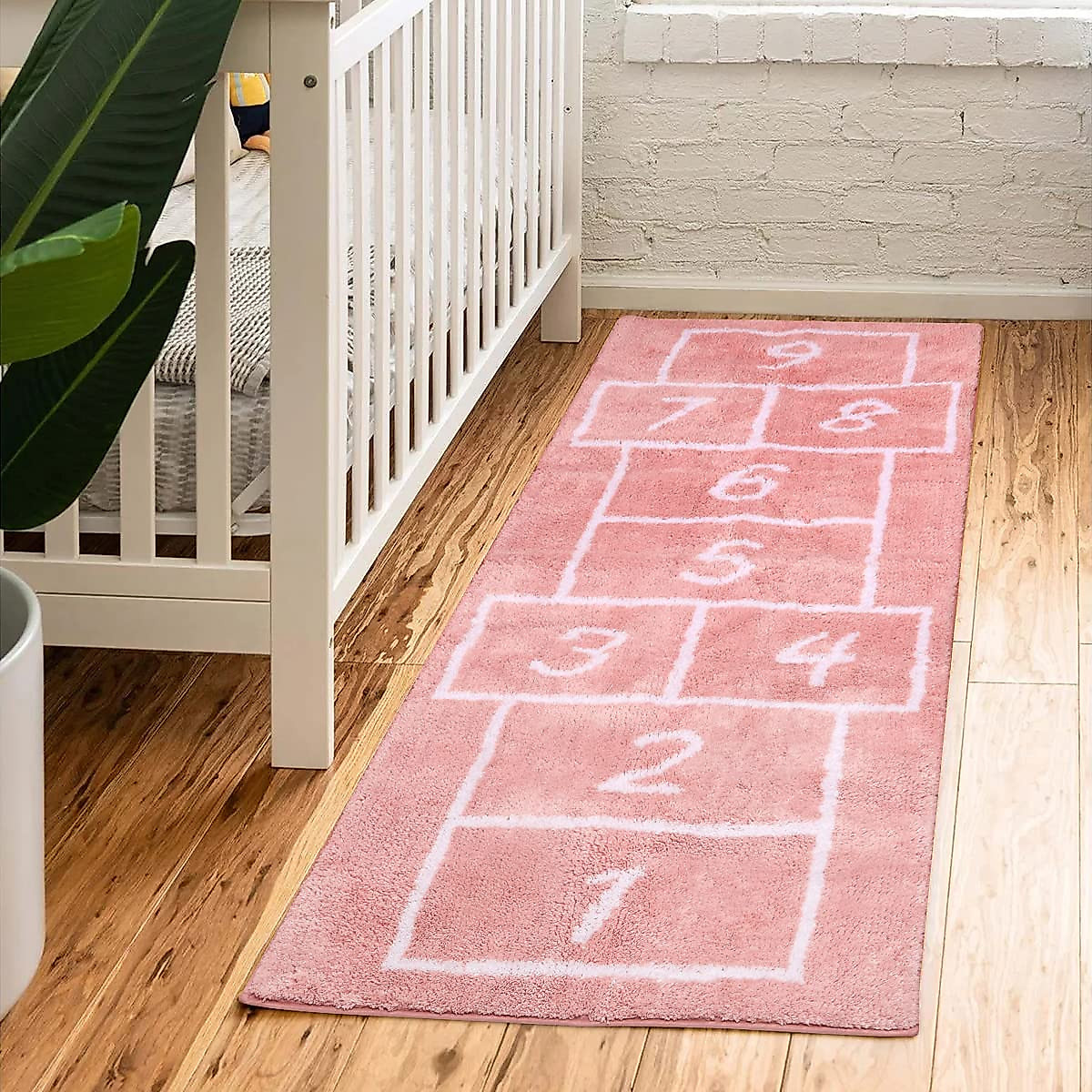 LIVEBOX Hopscotch Kids Runner Rug 28’’x 71’’, Soft Plush Play Mat Non-Slip Garden Numbers Collection Educational & Fun Throw Rugs for Boys&Girls Playroom Bedroom Best Shower Gift (Pink)