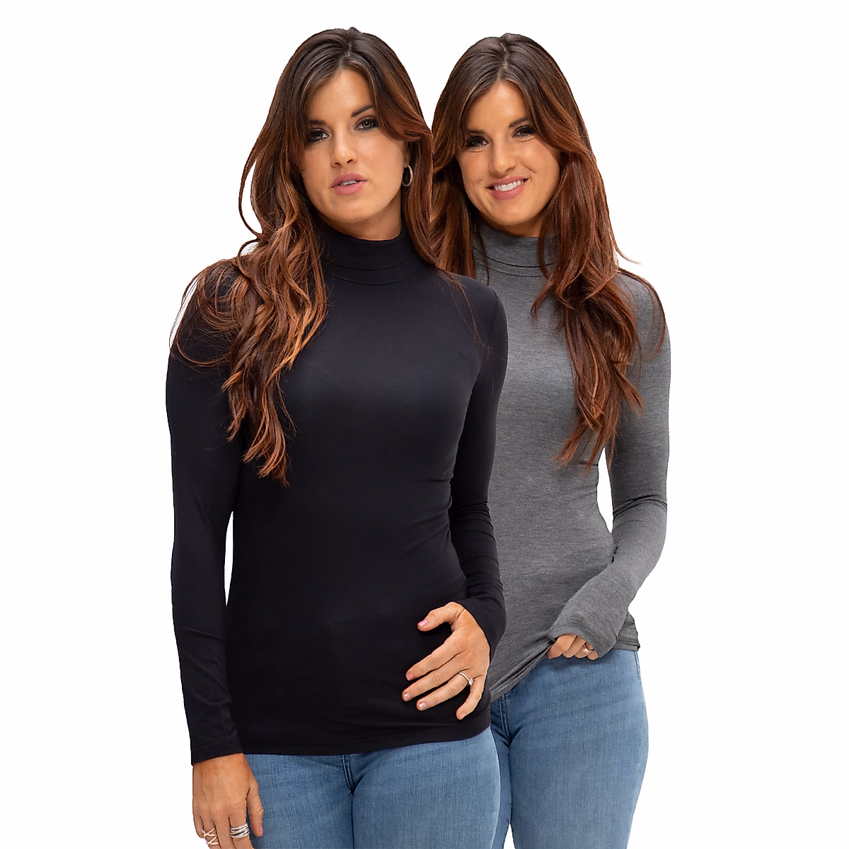 DEVOPS Womens 2-Pack Long Sleeve Mock Turtleneck Stretch Fitted Shirts (Black/Heather Gray, Medium)