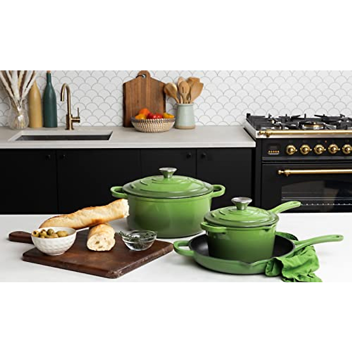 Larder & Vine 5 Piece Enameled Cast Iron Cookware Set, Oven Safe and Compatible with all Cooktops - includes 5.7 QT Dutch Oven and 2.2 QT Saucepan with lids and 10.25" Skillet (Okra)