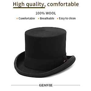 GEMVIE Men 100% Wool Mad Hatter Satin Lined Black Low Top Hats