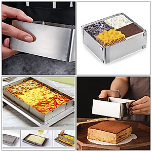 YOUEON 4 Pack Square Cake Molds Ring Adjustable from 6" to 11", Stainless Steel Mousse Cake Ring, Baking Molds, Pastry Making Tool for Birthday Cake, Party Dessert, Handmade Snack