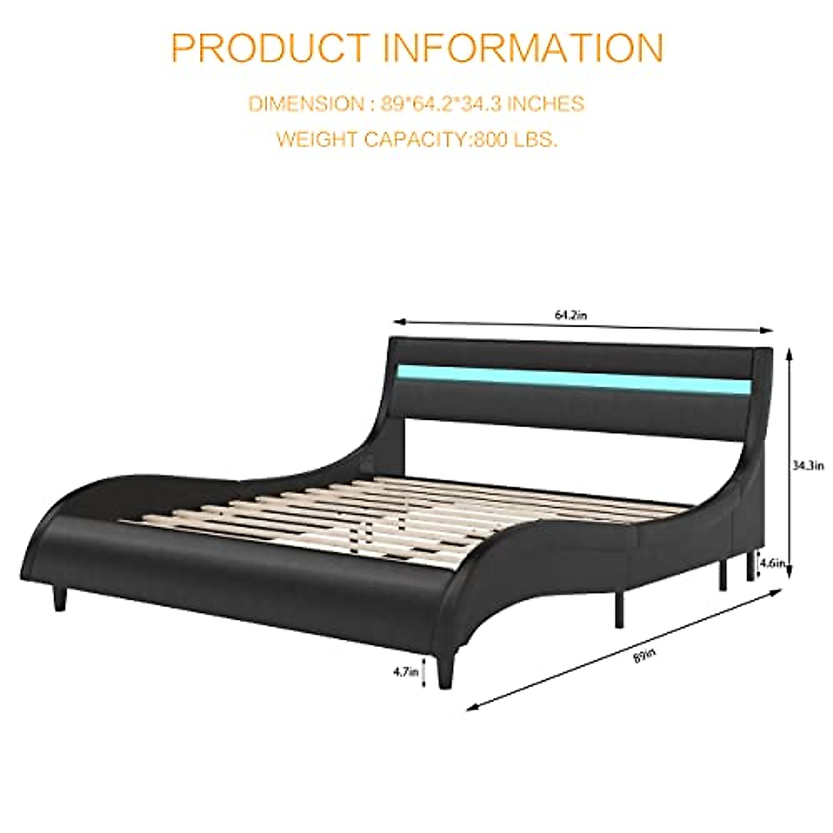 TTVIEW Queen Upholstered Smart LED Bed Frame with Headboard，Modern Faux Leather Wave-Like Platform Bed Frame, Low Profile Bed Frame with Solid Wood Slats Support, Black