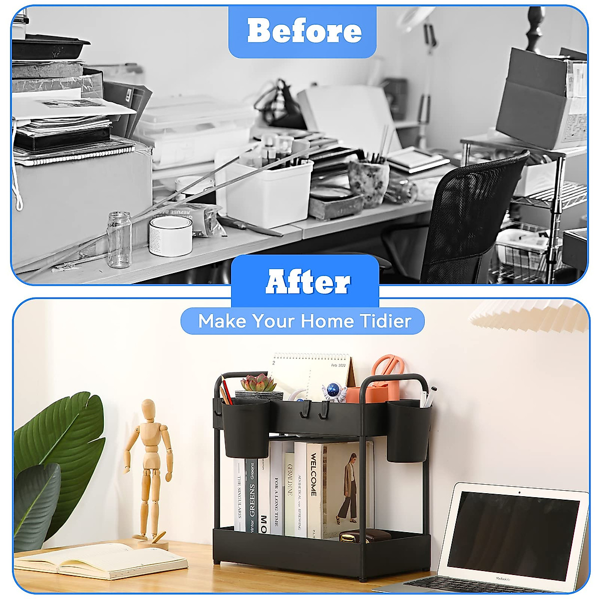 Kitchen Storage, Under Sink Organizer, NAYAHOSE 2 Tier Bathroom Storage Organizer Countertop with 4 Hanging Cups, 2 Handles, Under Cabinet Storage Tray Organize Holder for Cosmetics, Makeups, Spices