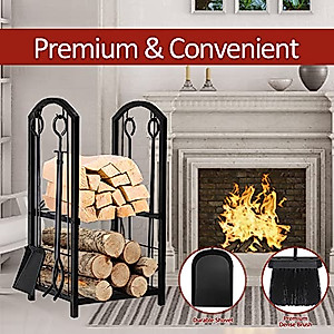 Carivia Firewood Rack Indoor Fireplace Tool Set Log Holder Log Rack with 4 Tools Fireplace Tools Wood Rack Wood Log Storage Stacker Stand for Outdoor Patio Fireplace Stove