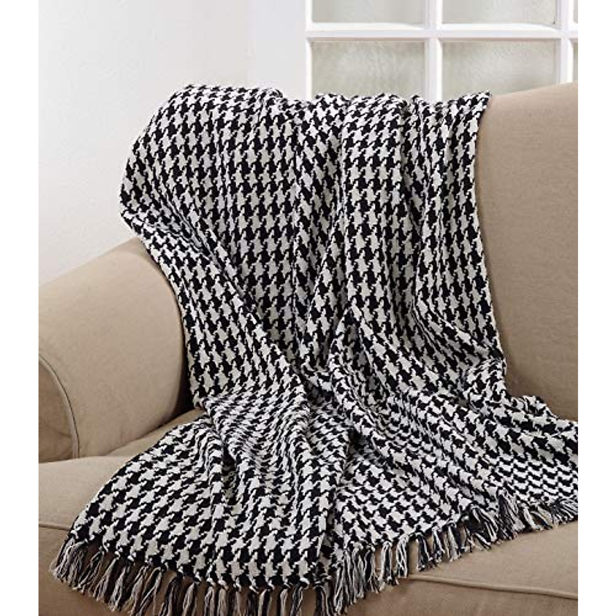 SARO LIFESTYLE Sevan Collection Houndstooth Design Cotton Throw, Black