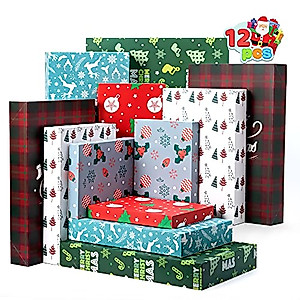 JOYIN 12 Pcs Christmas Paper Gift Boxes Assorted sizes with Lids and Base, Xmas Shirt Wrap Box, Holiday Present Box for Birthday Party Favors Decorations Wrapping Gift-Giving, 6 Design