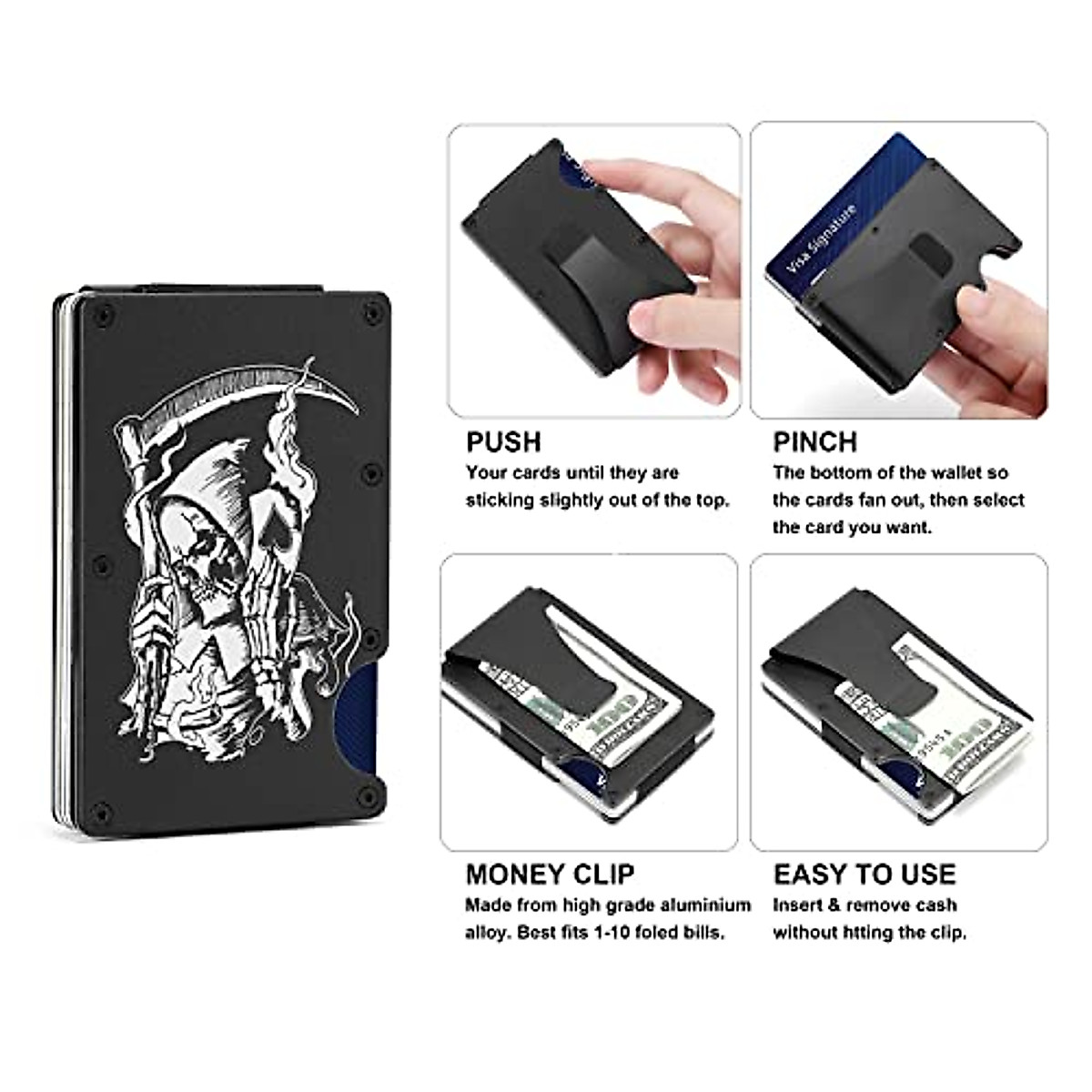 Coukula Minimalist Wallet for Men - RFID Blocking Metal Wallet - Engraved Skull Poker - Aluminum Slim Money Clip - Front Pocket Credit Card Holder - Tactical Wallet for Business Travel